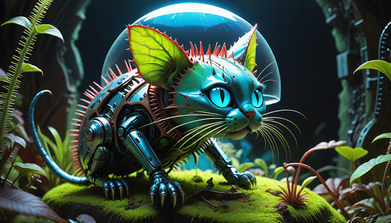 A colossal, mechanical Venus flytrap with intricate brass gears, steel petals, and glowing neon ...