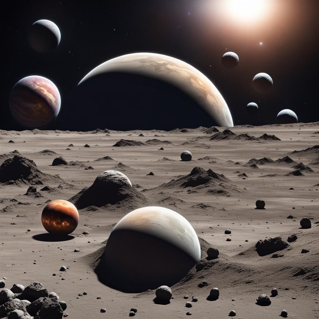 Photograph, Marco, many different planets lying on the moon surface ...