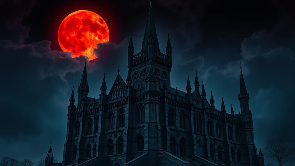 Gothic Macbeth Castle Under Blood Moon in Dark, Om... - AI Art