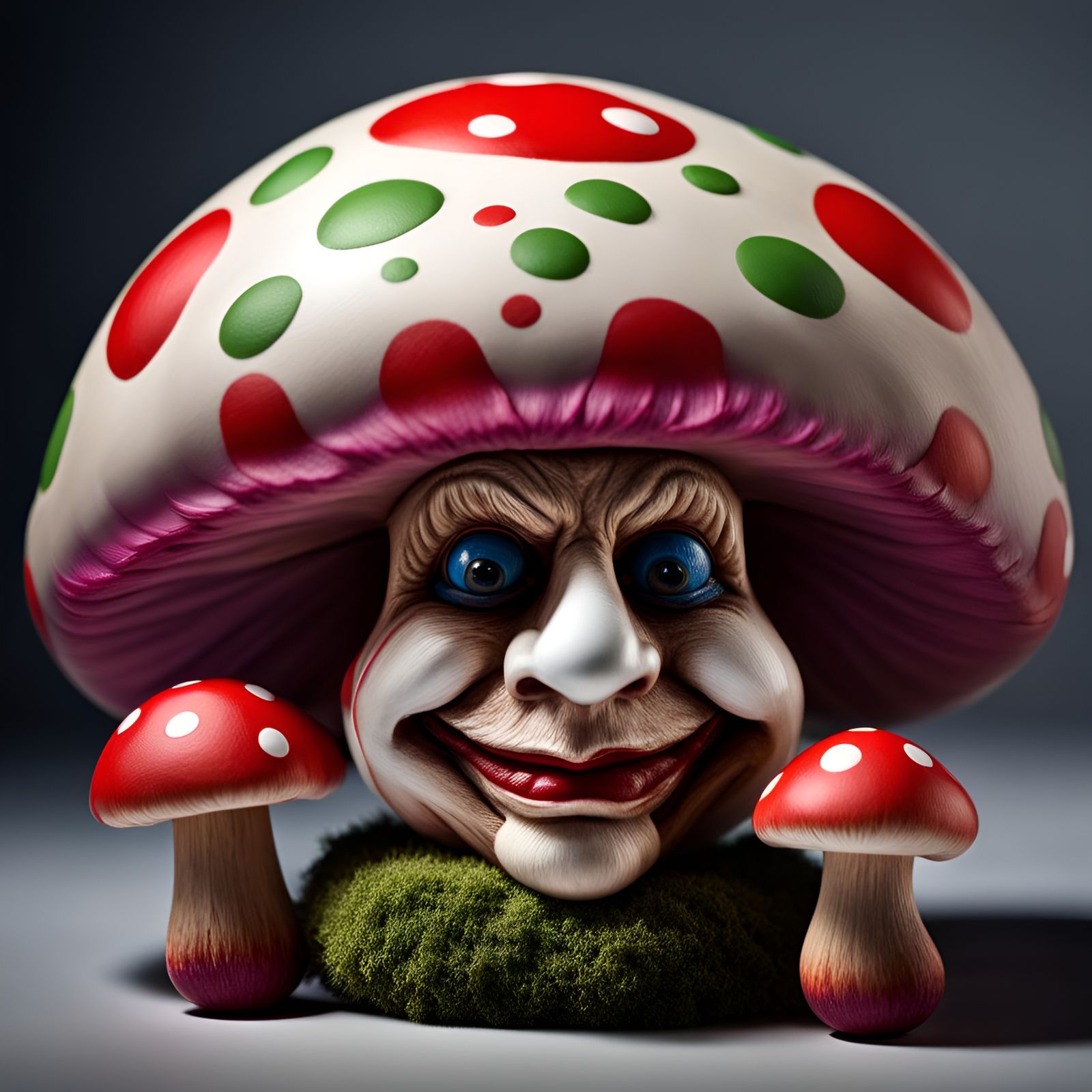 Photograph a mushroom clown, 50mm lens, ray tracing, shadow depth, 16k ...