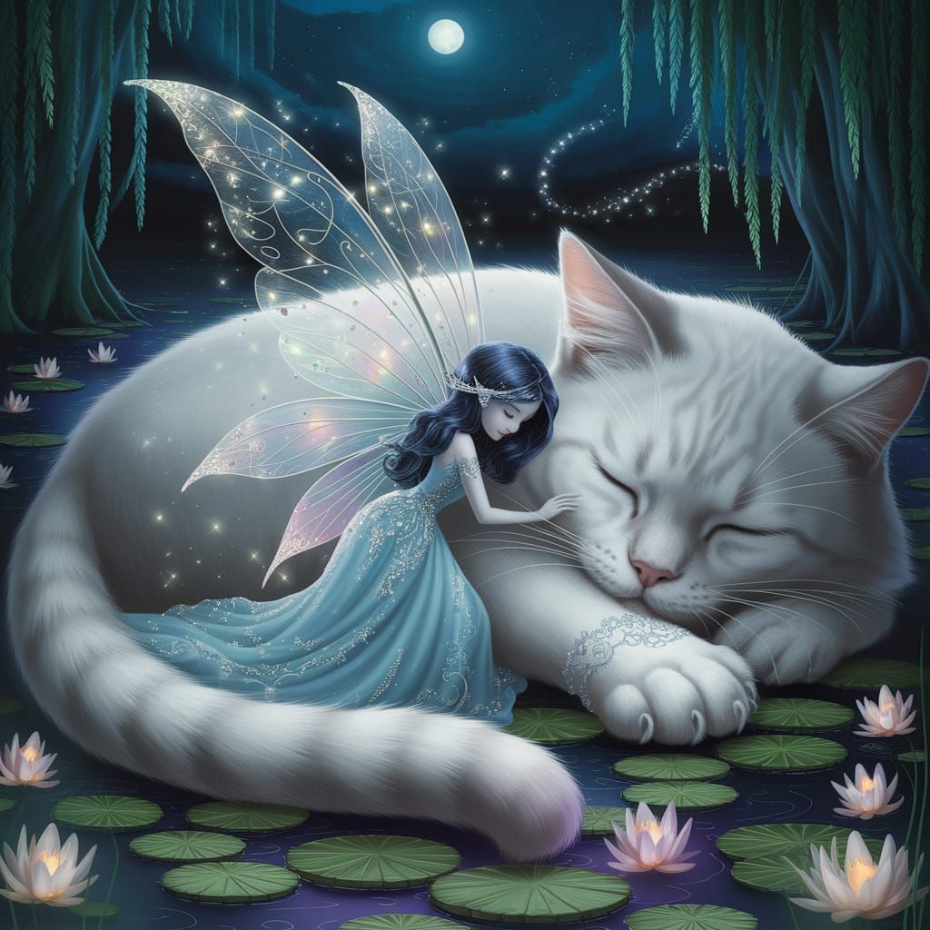 A gigantic, serene, plush ivory cat creature, curl... - AI Art