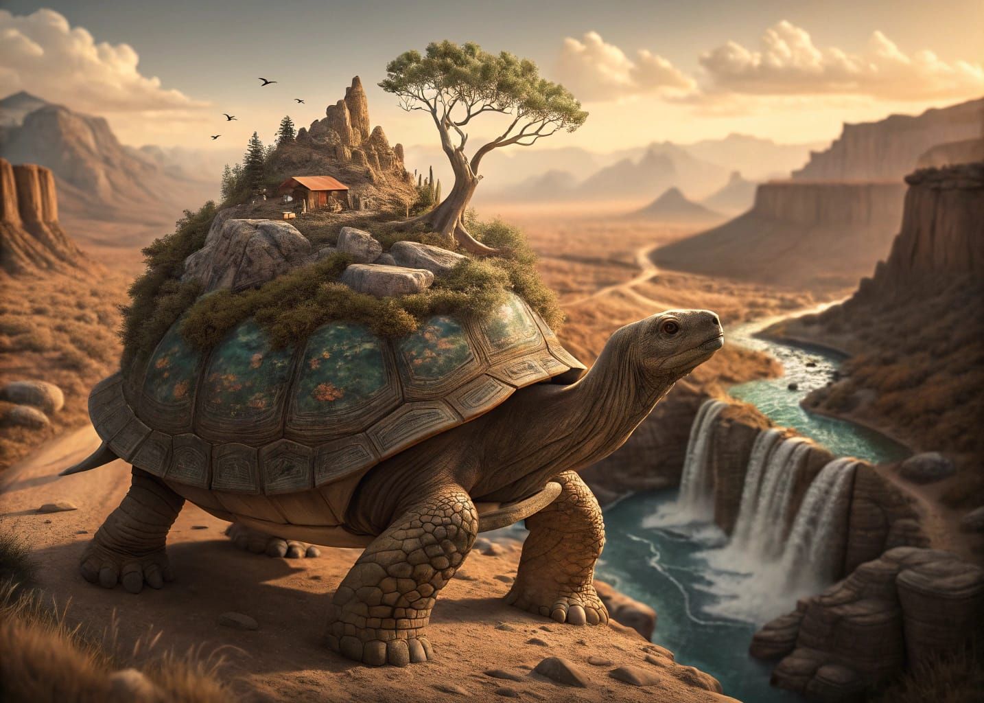 A mythical clay creature, such as a turtle with a miniature world on ...