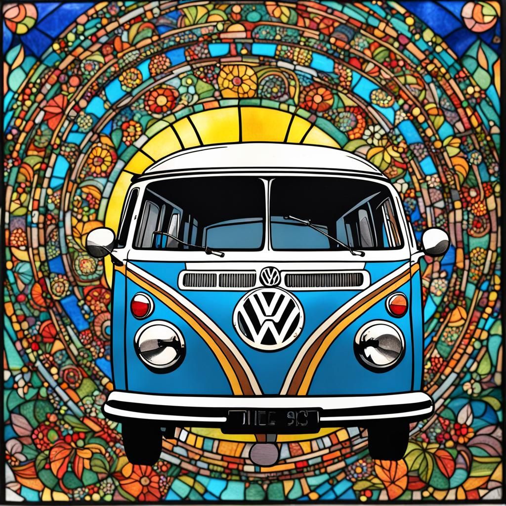 1960s hippie combi Volkswagen, stain glass window - AI Generated ...