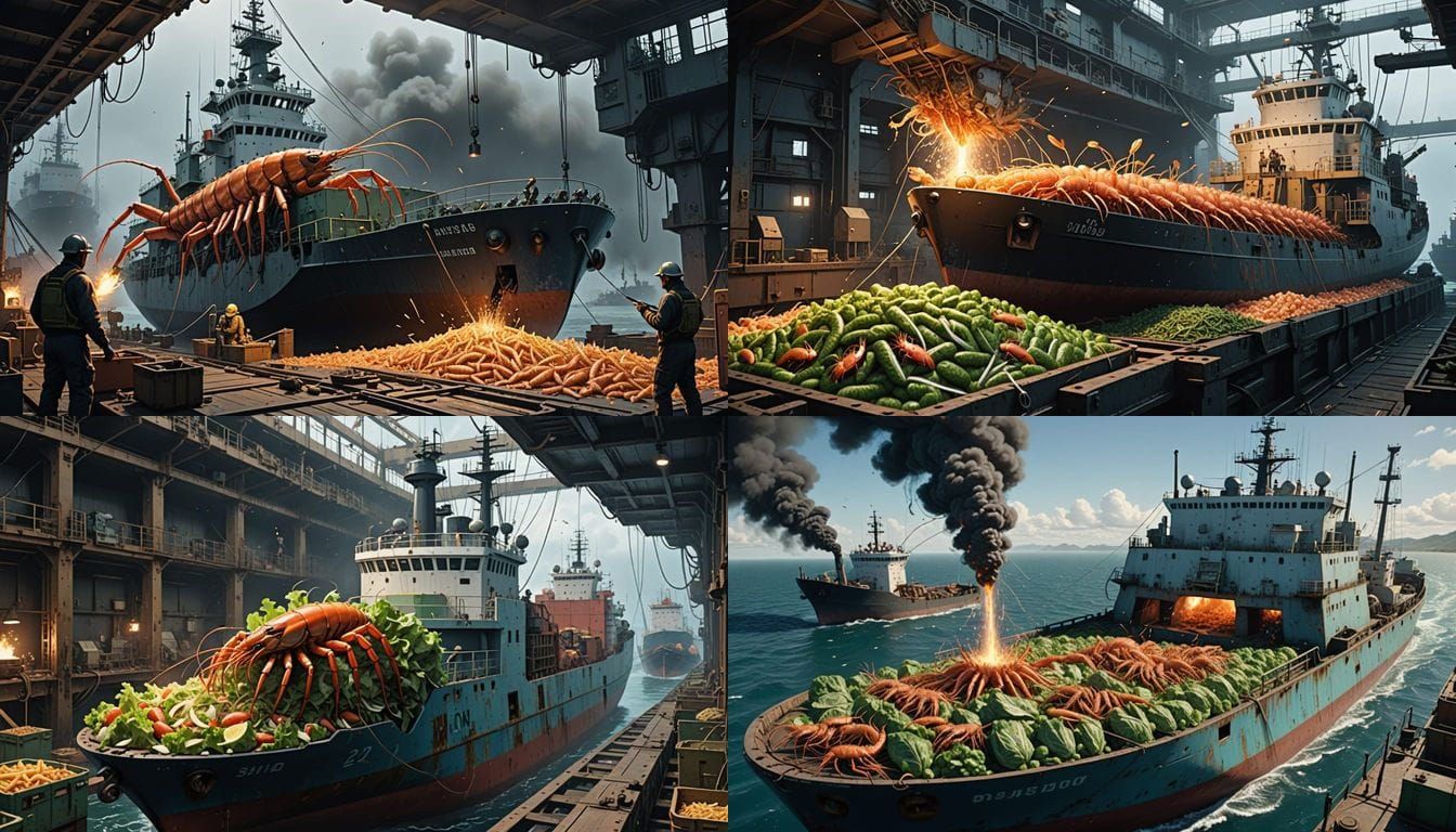 Cyberpunk Shrimp Mercenaries Battle Rotten Cargo V... - AI Art