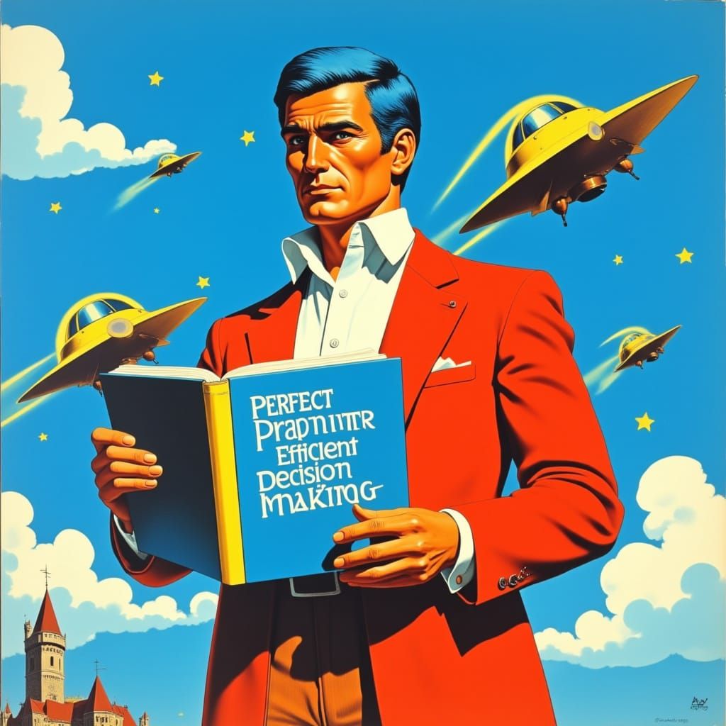 A Vintage-Style Cartoon Man Holds a Blue Book Unde... - AI Art