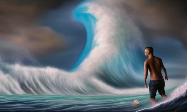 A giant tsunami wave with a surfer detailed matte painting dynamic ...