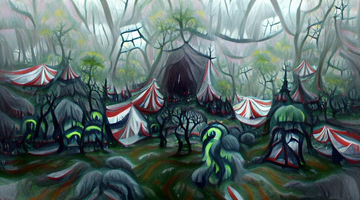 A dark, foggy clearing, inside of a grove of mossy trees. In the ...