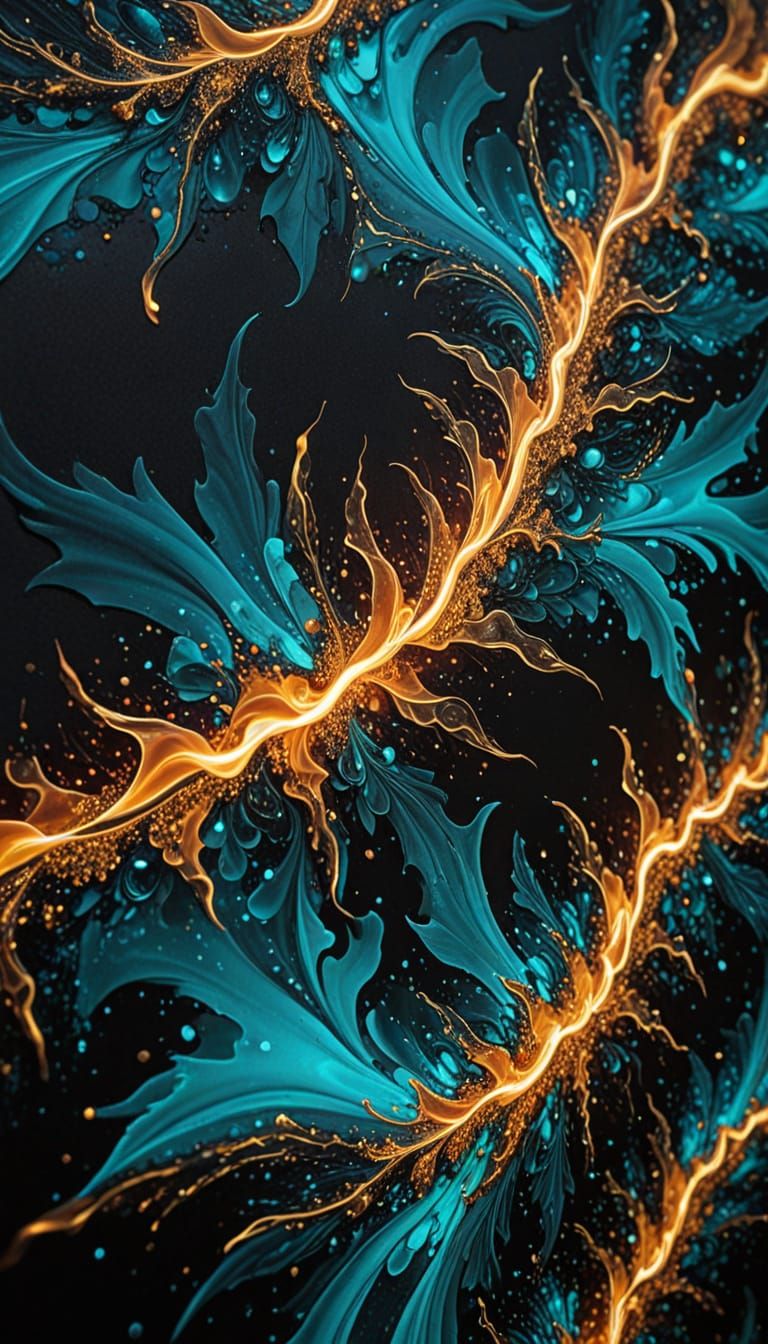 Abstract Fire Motifs in Teal and Gold Hues - AI Art