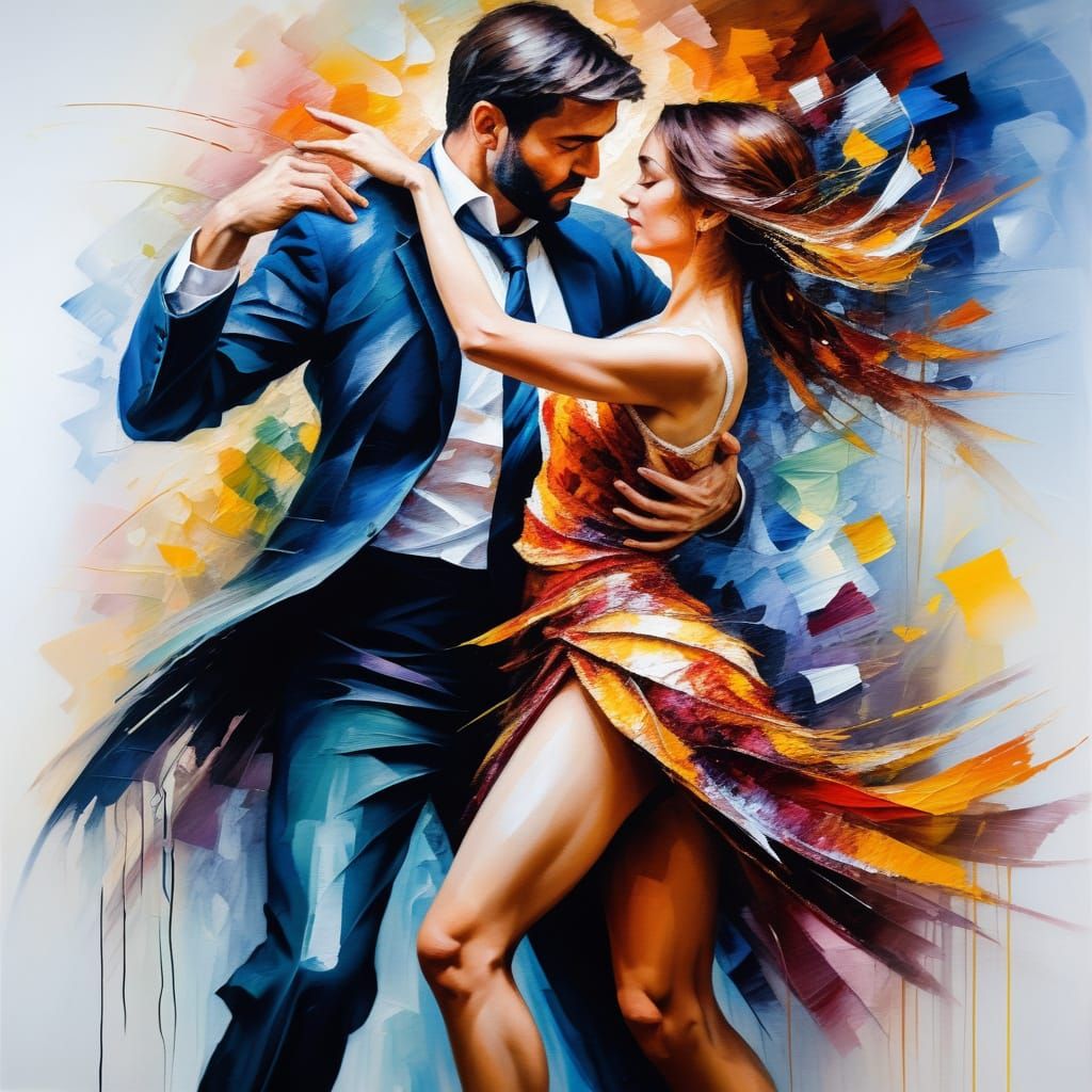 The Dancers - Dramatic Tango Dancers in High Contrast Oil Pa...