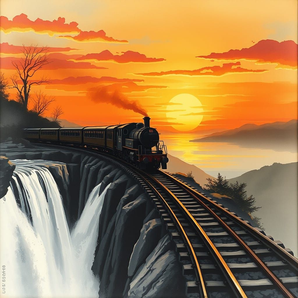 Vibrant Sunset Train Over Waterfall in Modern Euro... - AI Art