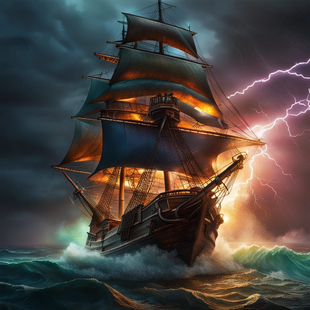 \Pirate Ship at Sea Being Struck by lightning in a storm among heavy ...