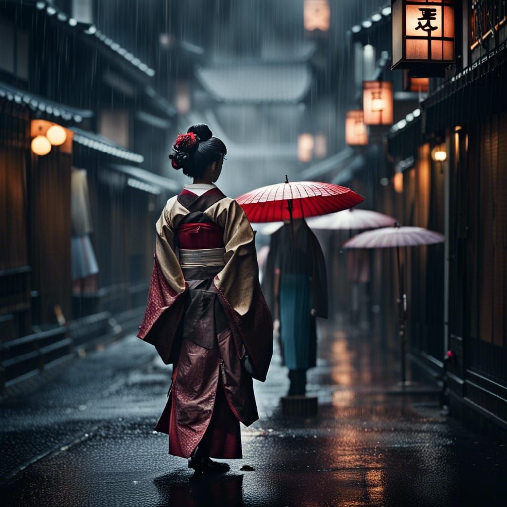 geisha is stranded in a rainy alley in Tokyo town it's cold and foggy ...
