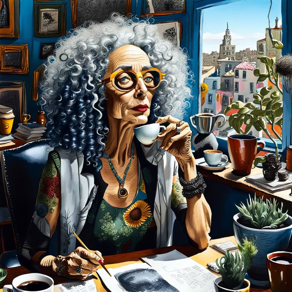 49 year old woman with curly hair working at her desk with coffee in ...
