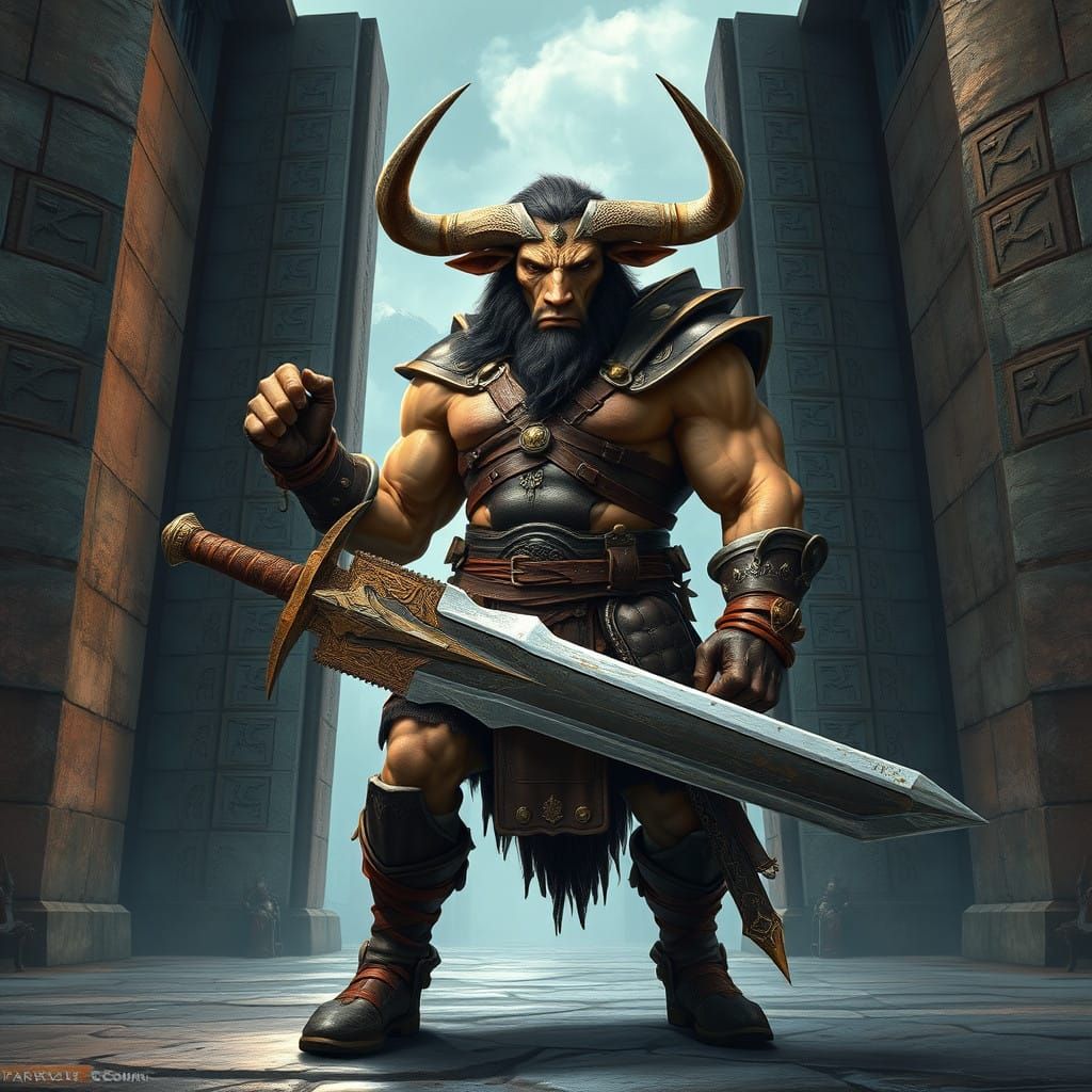 Majestic Minotaur Guardian in Bronze and Leather A... - AI Art