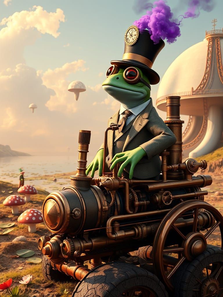 Steampunk Frog in Victorian Attire Perches on Copp... - AI Art