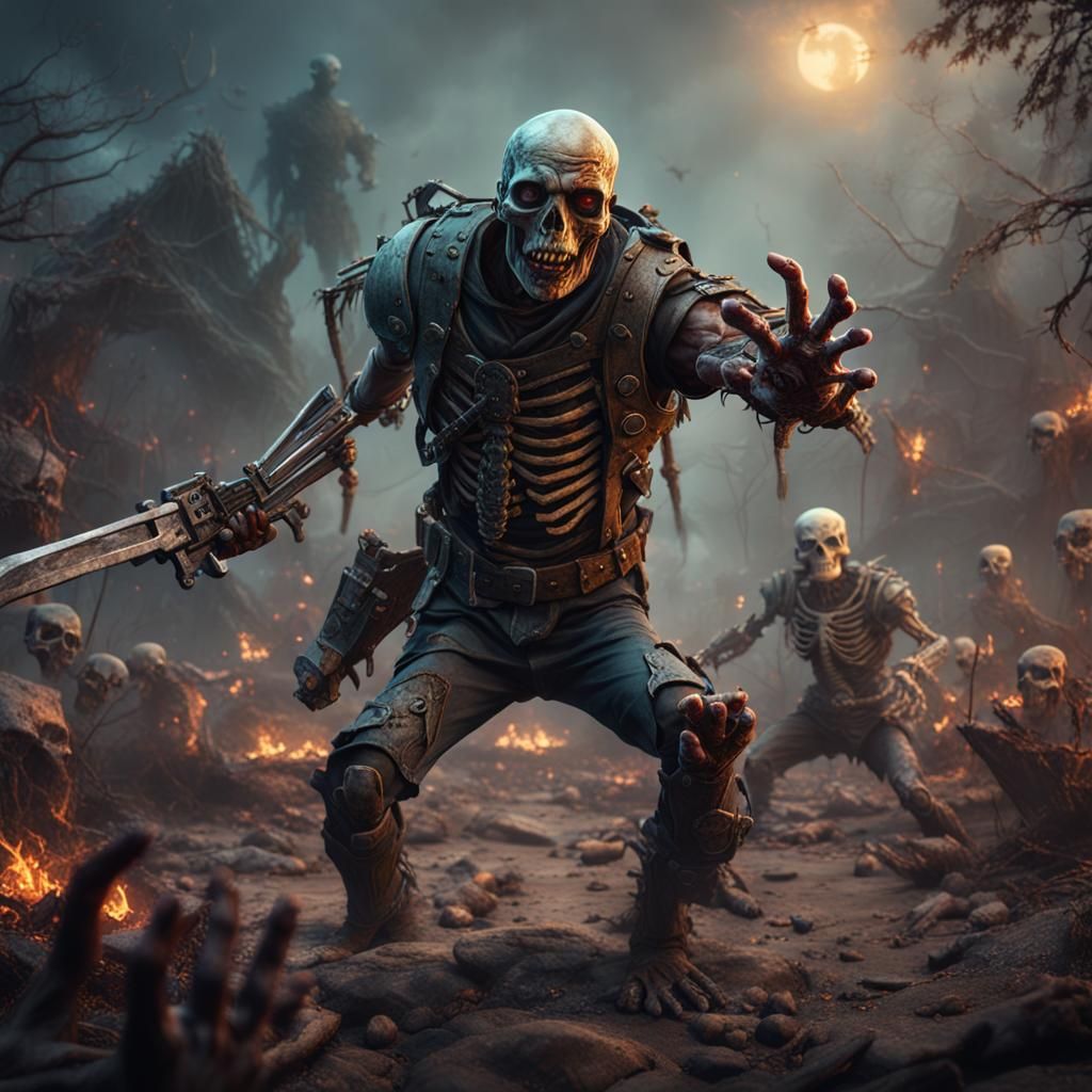 Zombie fighting a skeleton - AI Generated Artwork - NightCafe Creator