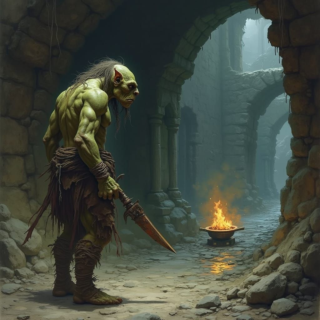 Ominous Goblin in Ancient Ruins, Gritty Dark Art - AI Art