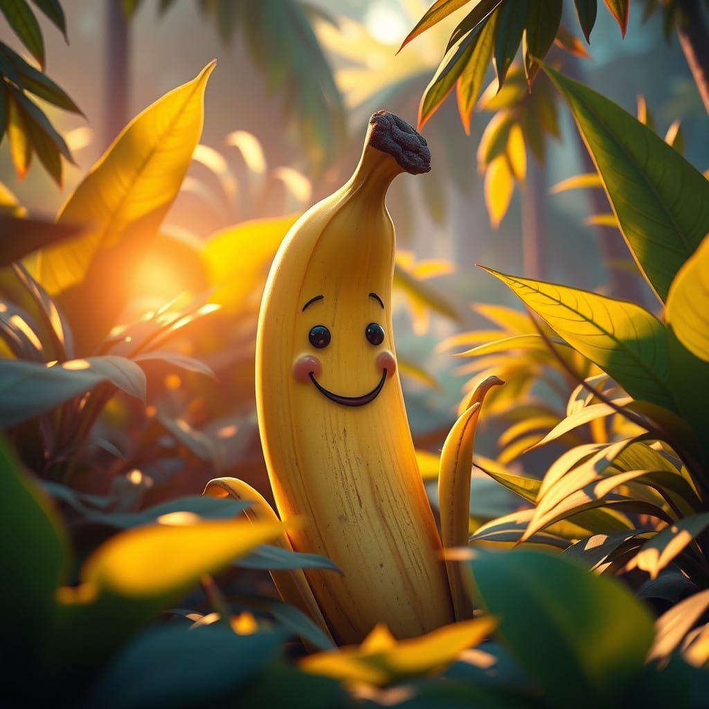 banana smiling - Smiling Banana in Vibrant Foliage