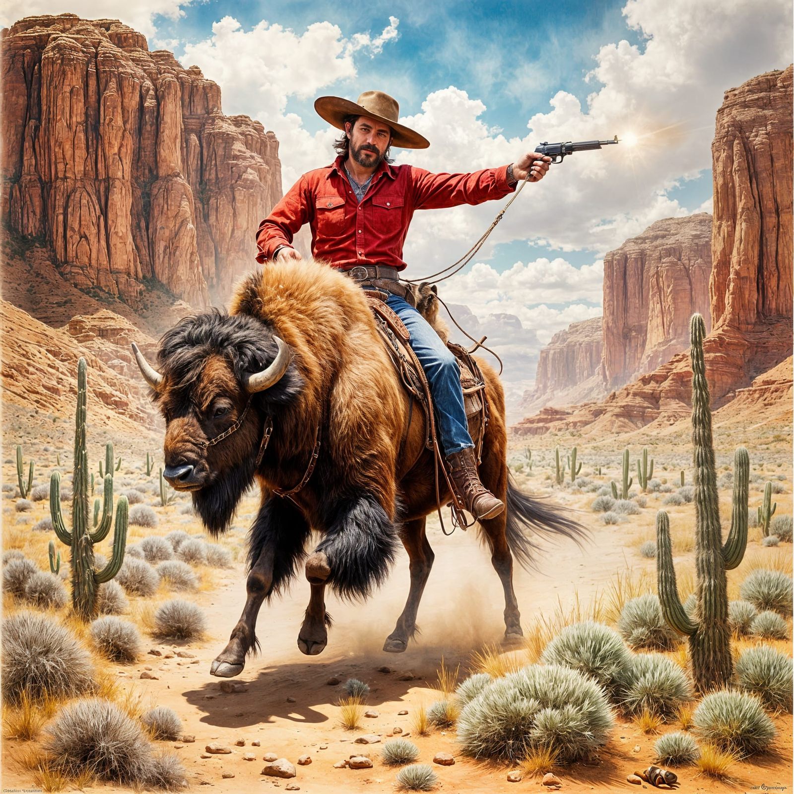 Cowboy Rides Buffalo Through Desert, Antique Water... - AI Art