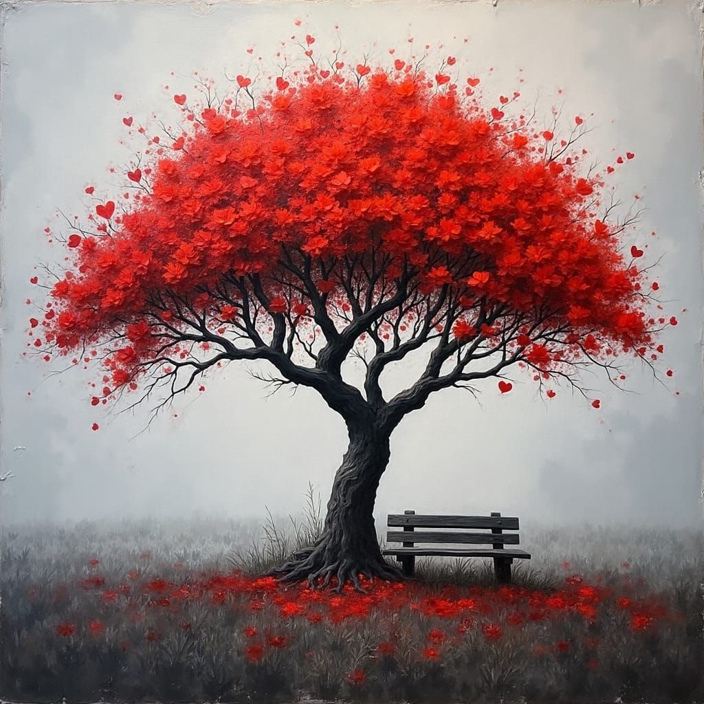 A strikingly vivid red tree with umbrella-shaped branches, shading a bench.