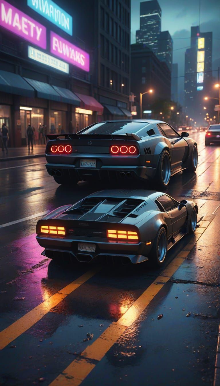 Neon Nighttime Cityscape in High-Octane Style - AI Art