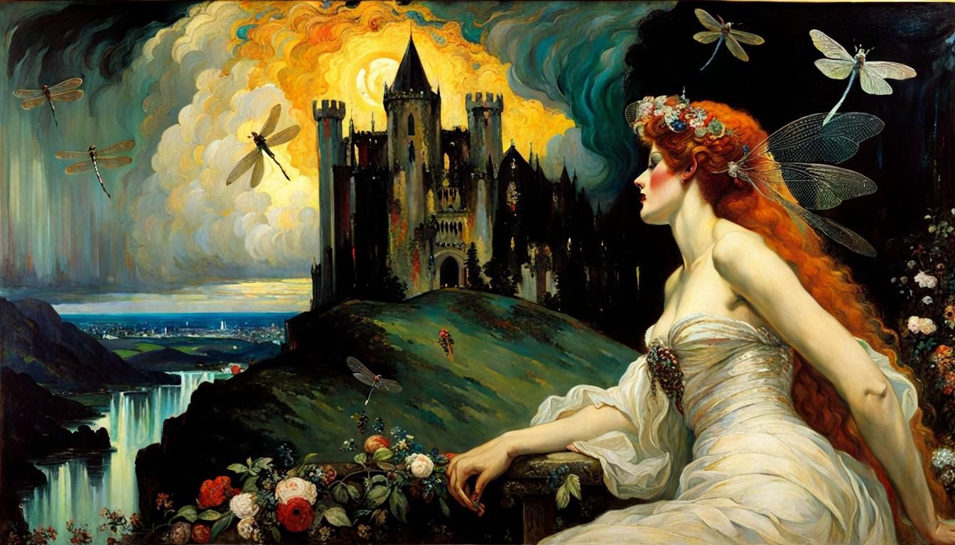 Klimt! Satan's Bride castle, dragonflies, storm, complex oil painting ...