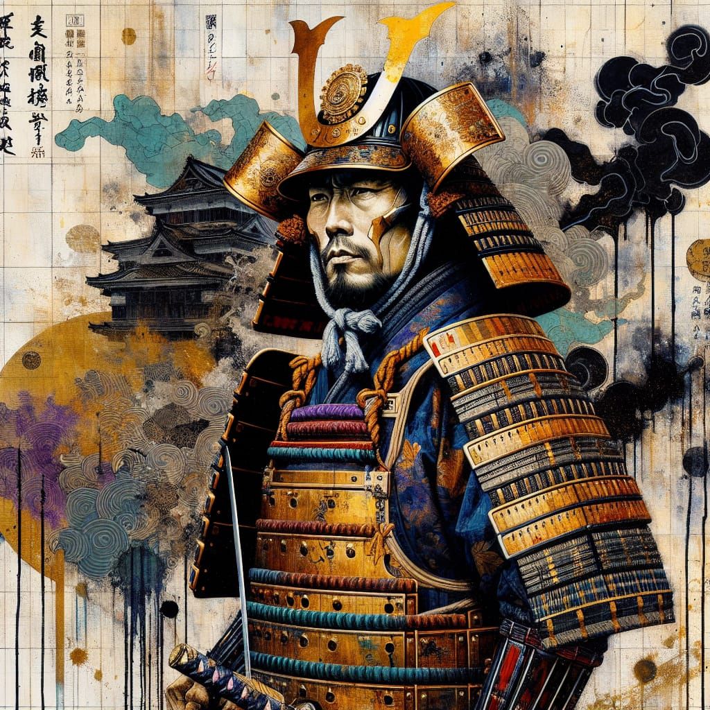 A striking mixed-media portrait of a fierce, noble samurai facing the ...