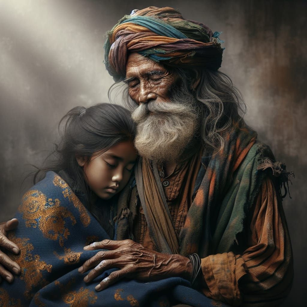 A dignified elderly man with a deeply wrinkled face and long gray hair