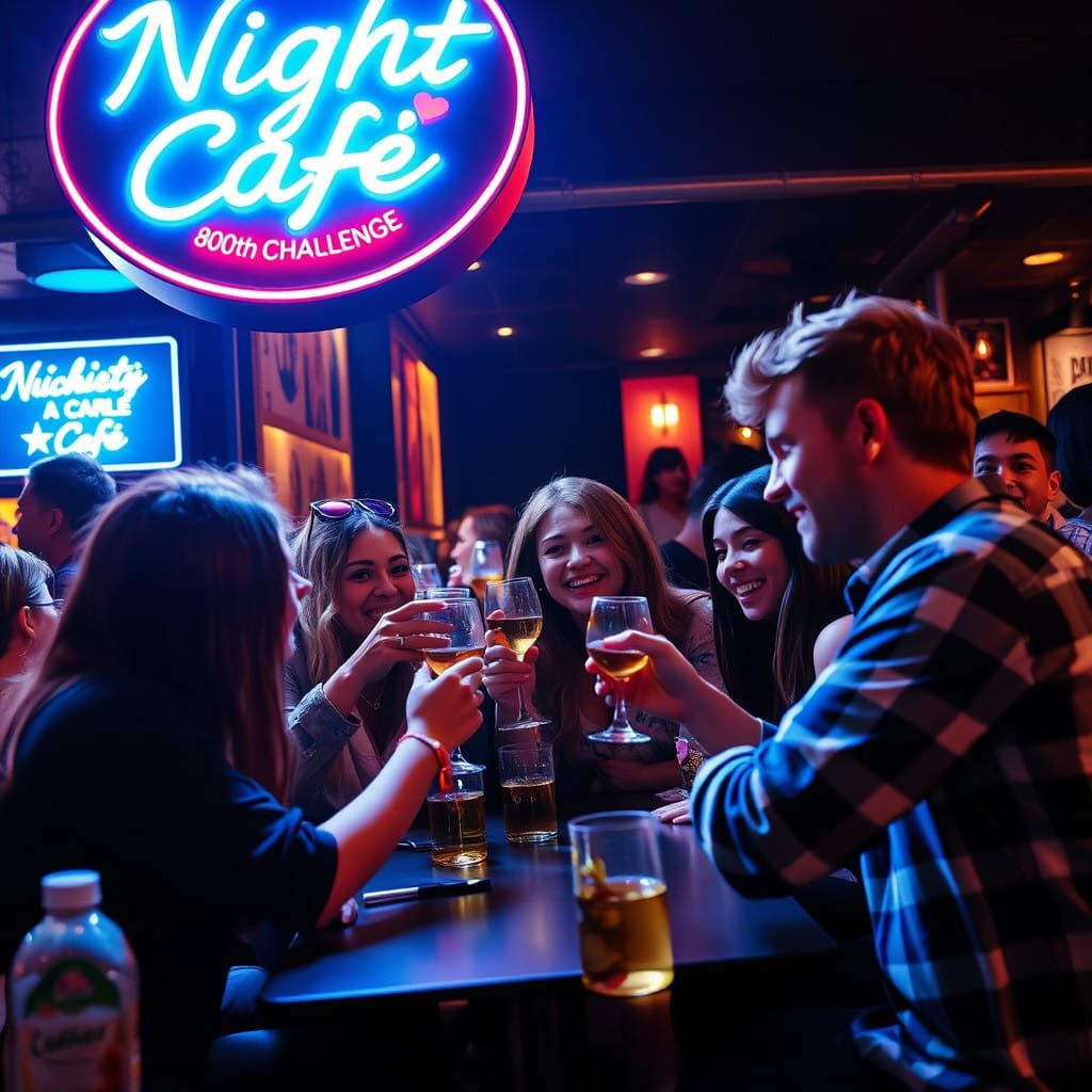 Des amis font la fête 🥳 sous une enseigne lumineuse "Night Café 800th ...