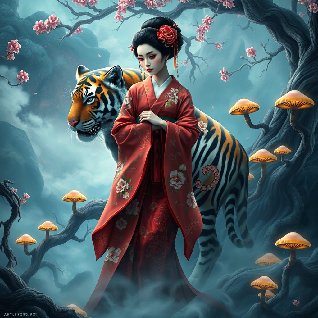 Mythical geisha and her mystical, powerful tiger c... - AI Art