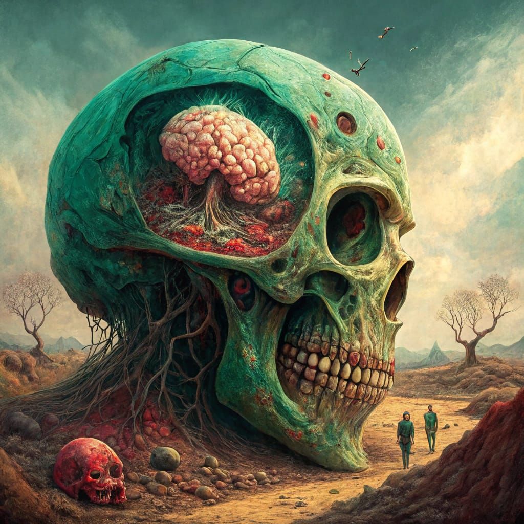 Fallen Titan - Grotesque, Hyperrealist Emerald Skull in a Tw...