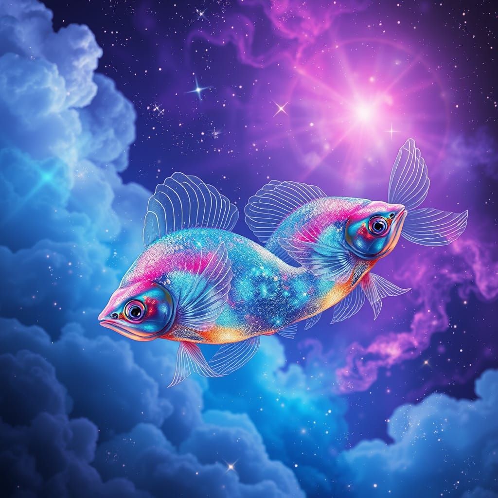 Two ethereal fishes swimming through the galaxy