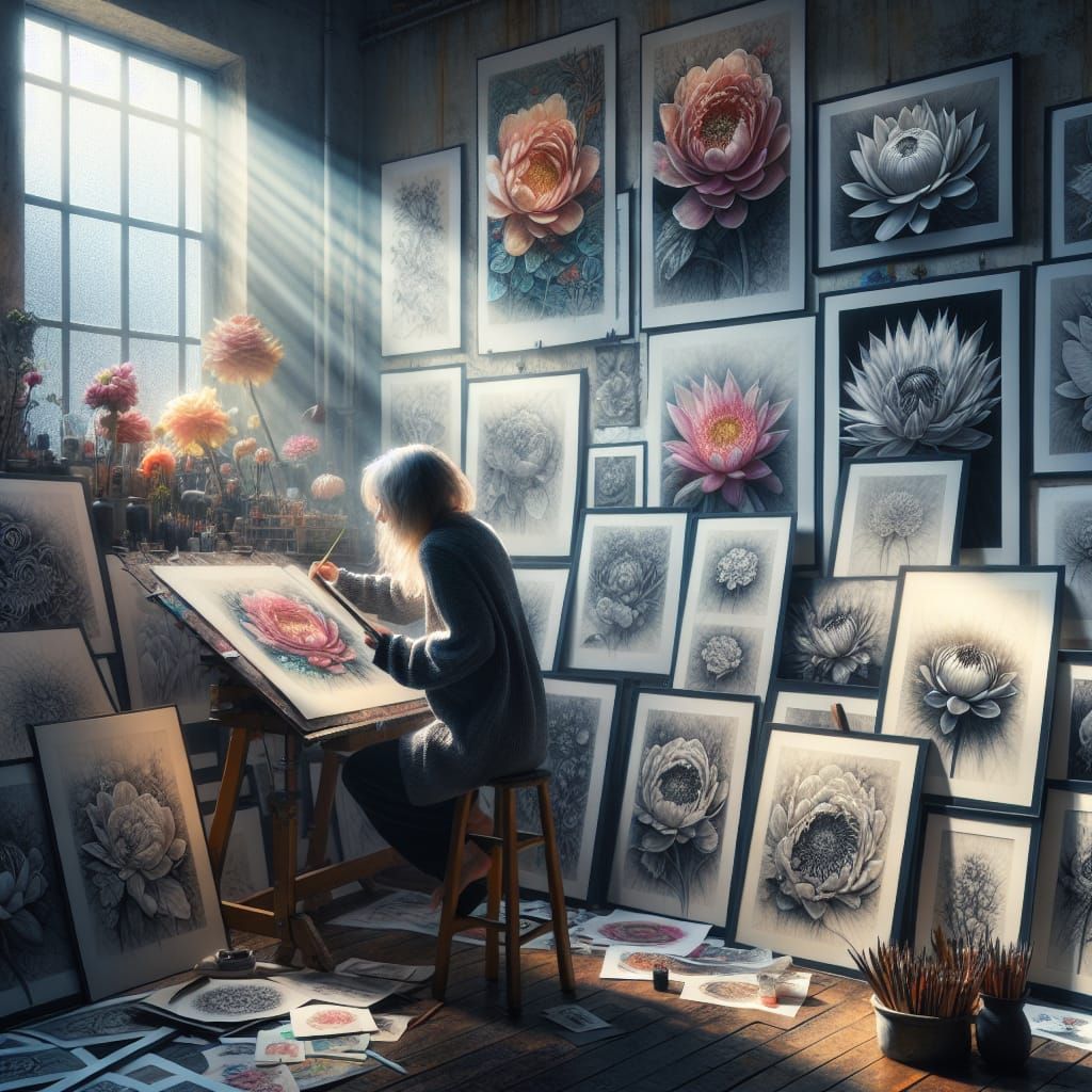 A professionnal painter in her artstudio - AI Generated Artwork ...