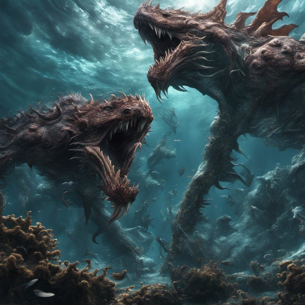 2 massive water creatures fighting underwater - AI Generated Artwork ...
