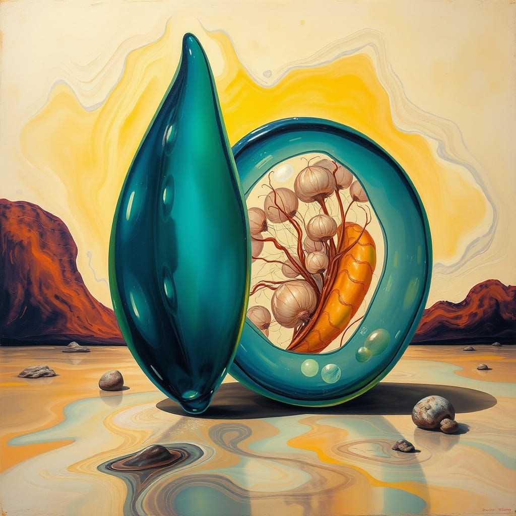 Giant abstract organic objects, transparent and blended, with visible ...