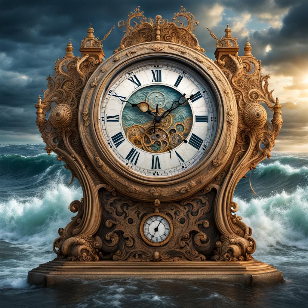 An giant elaborate clock surrounded by fierce ocean waves, intricate ...