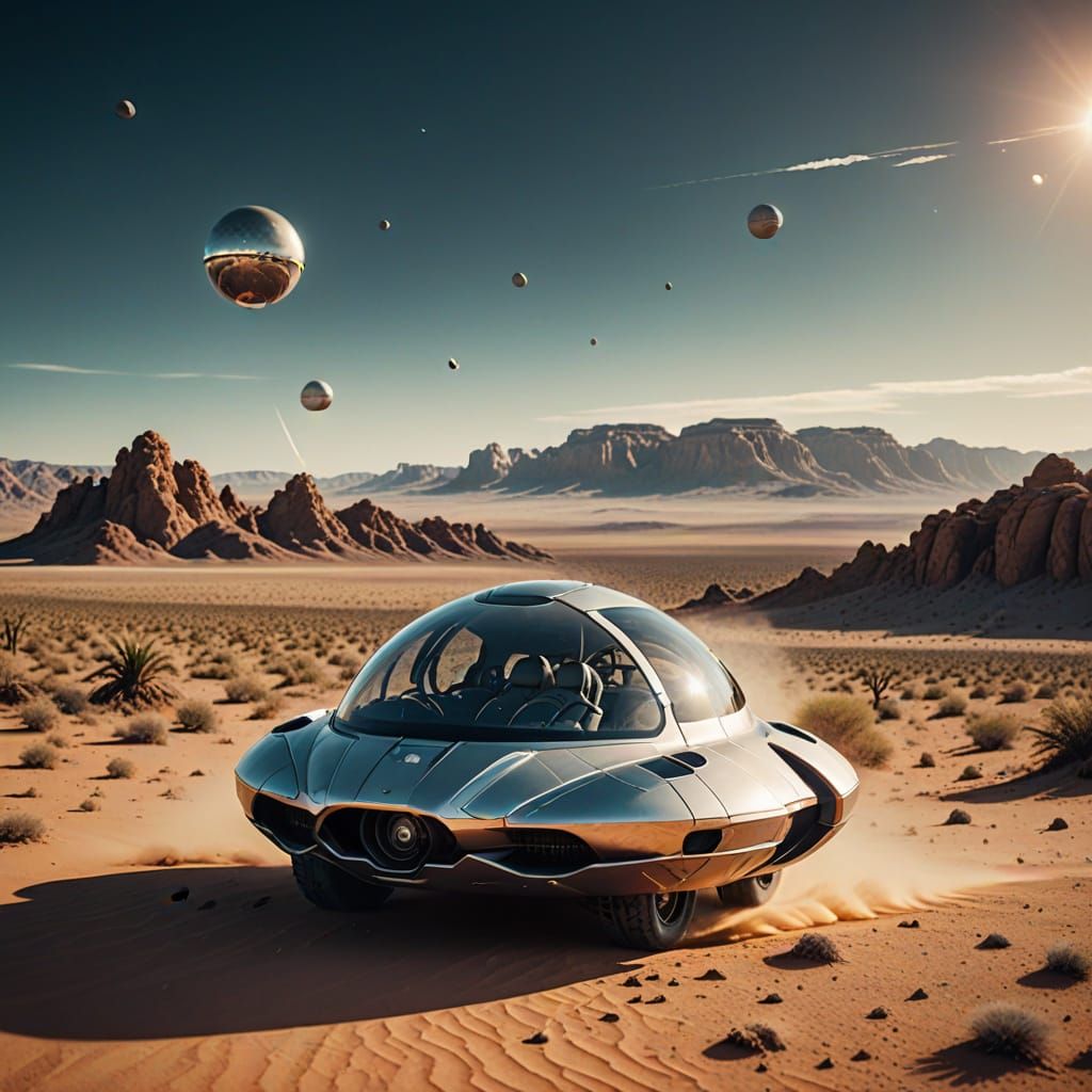Sleek Time-Traveling Vehicle Cruises Cosmic Desert - AI Art