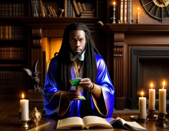 medium shot, an african american man wizard, wearing iridescent robes ...