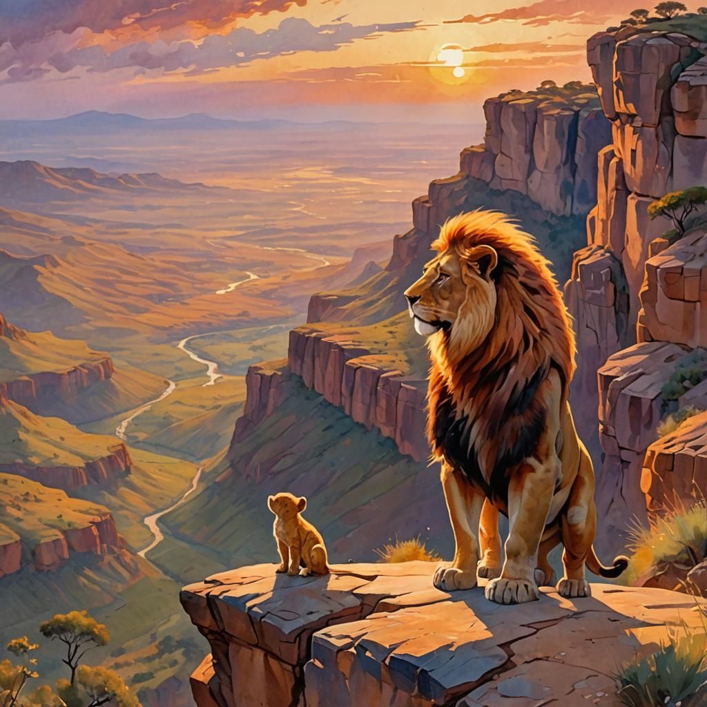 Mufasa and baby Simba standing on a cliff looking over the valley at ...