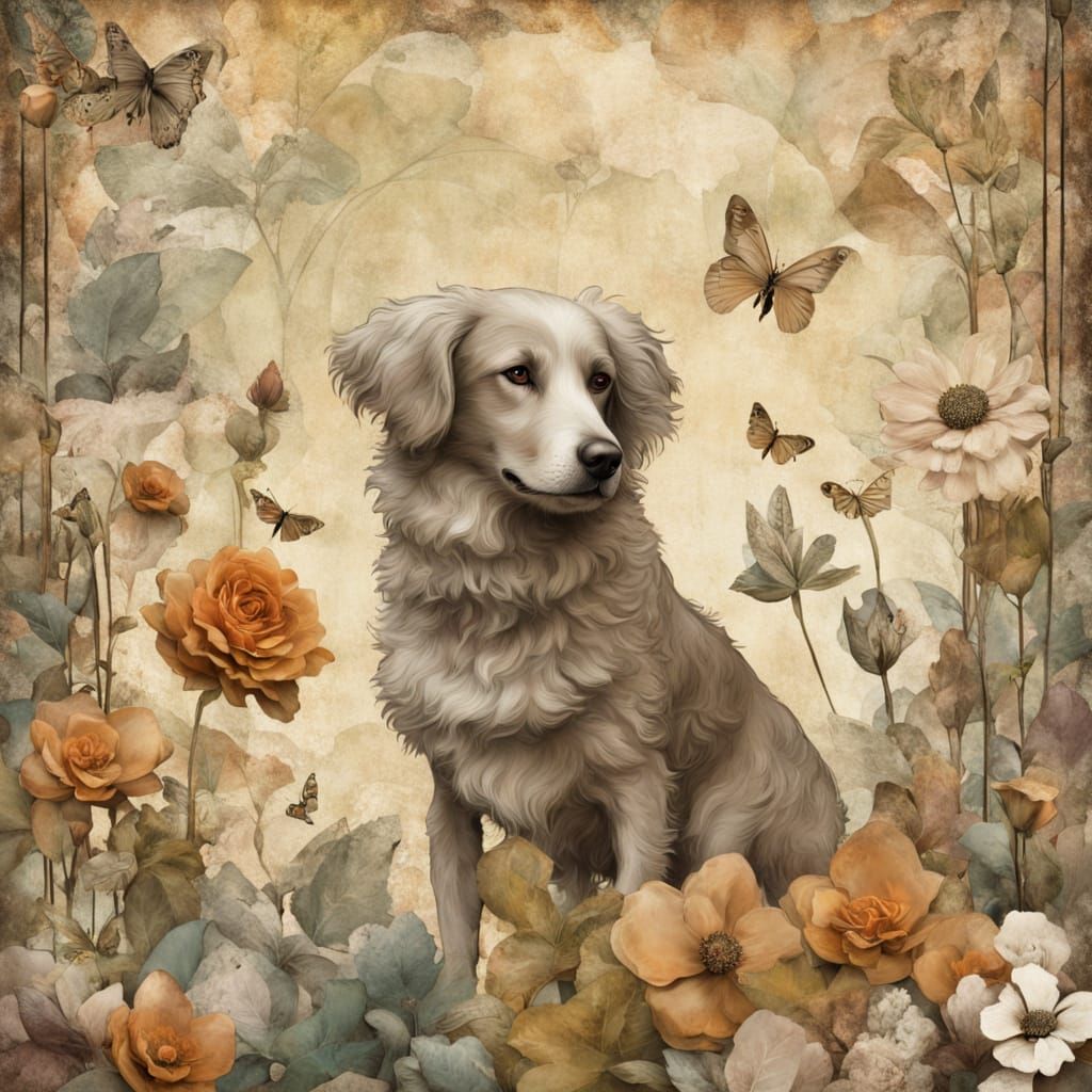 Vintage Whimsy Collage with Playful Dog in a Dream... - AI Art
