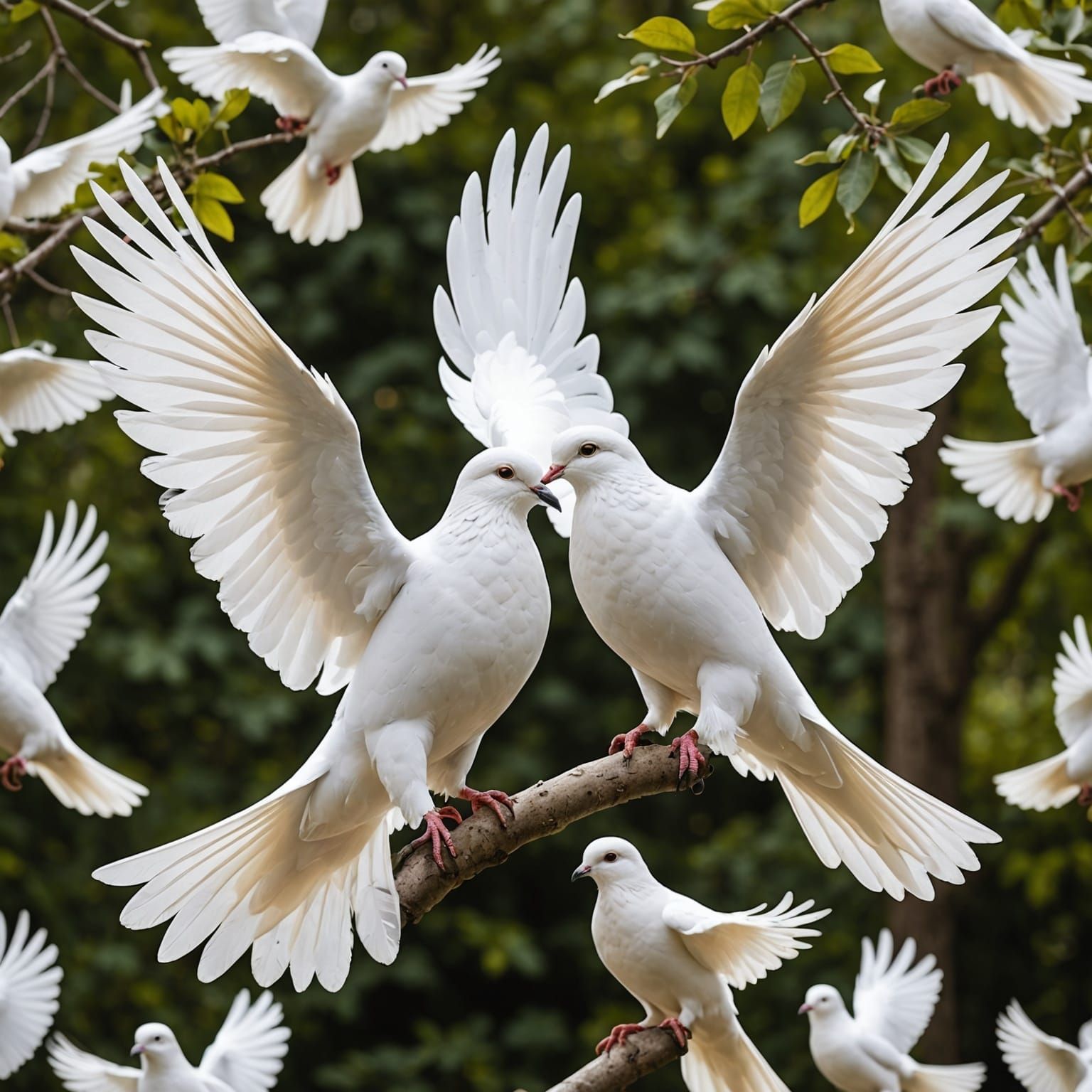 white Doves with pretty feathers wide opened wings, as Signs for good ...