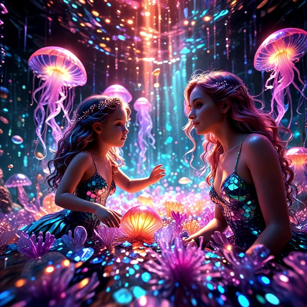 Iridescent Mermaid Playground with Glowing Jellyfi... - AI Art