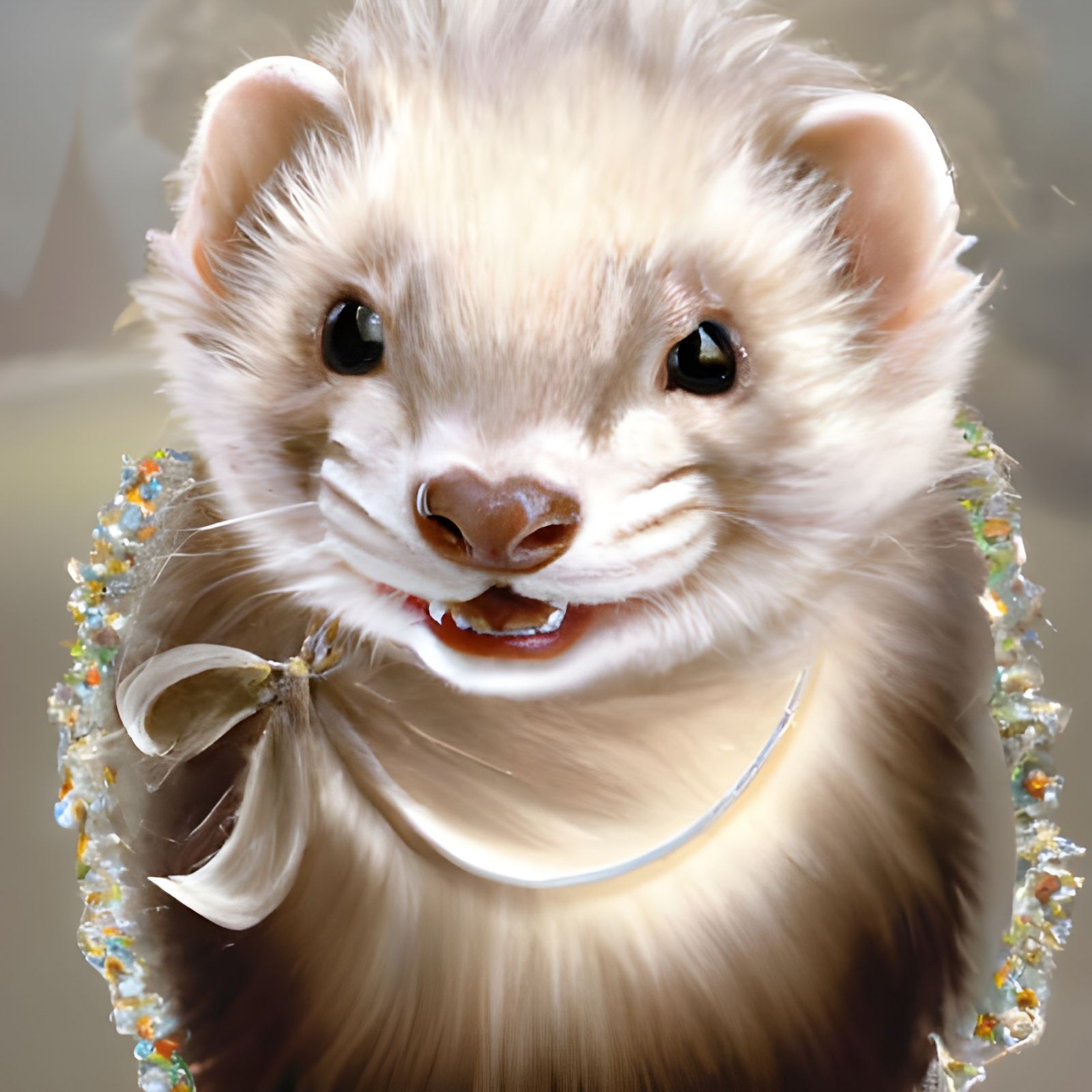 Hyper realistic, extremely detailed ferret with a bow around it's neck ...