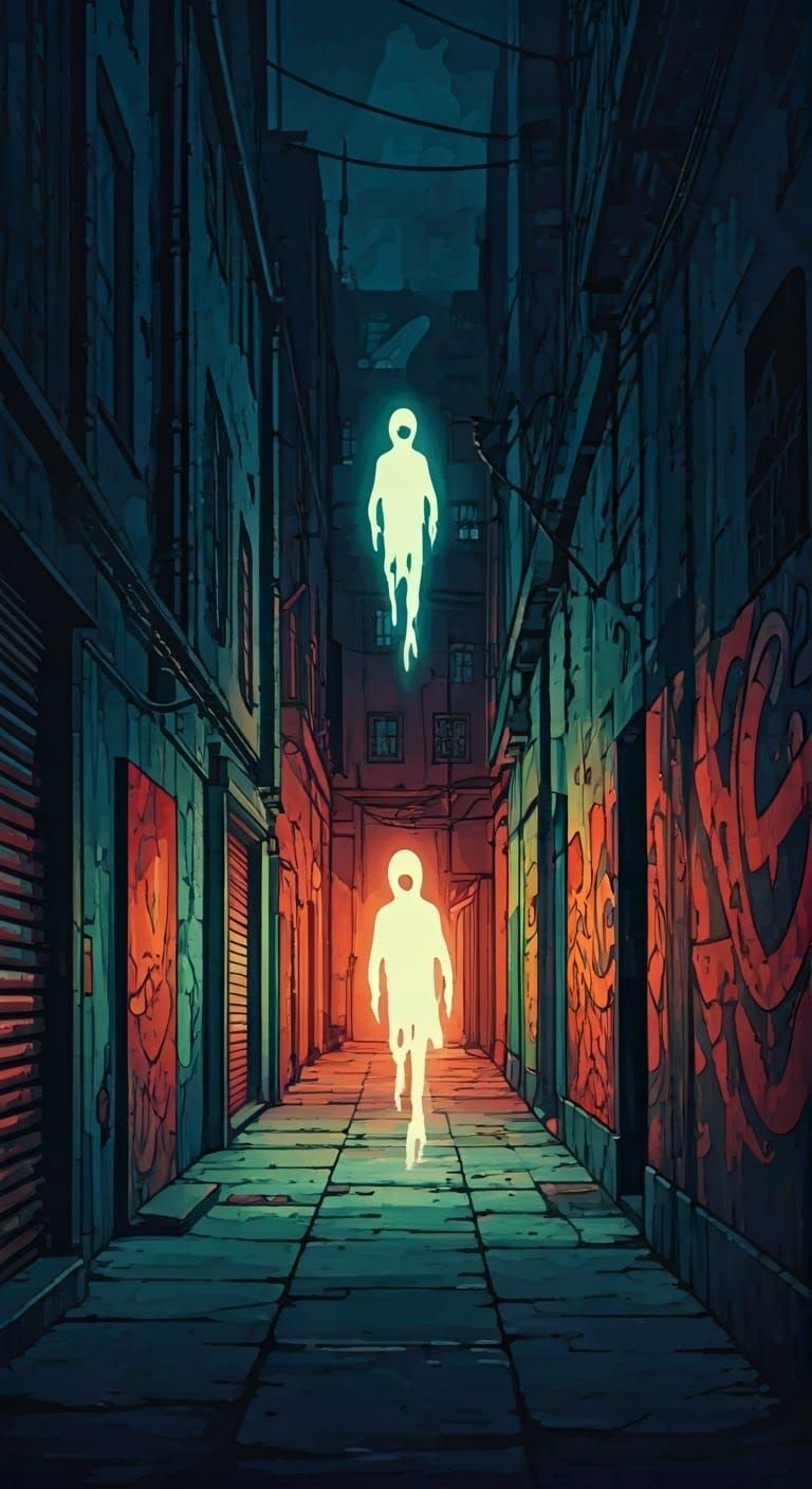 Fine detailed+Horror:"Phantoms." street art, color corrected concrete ...