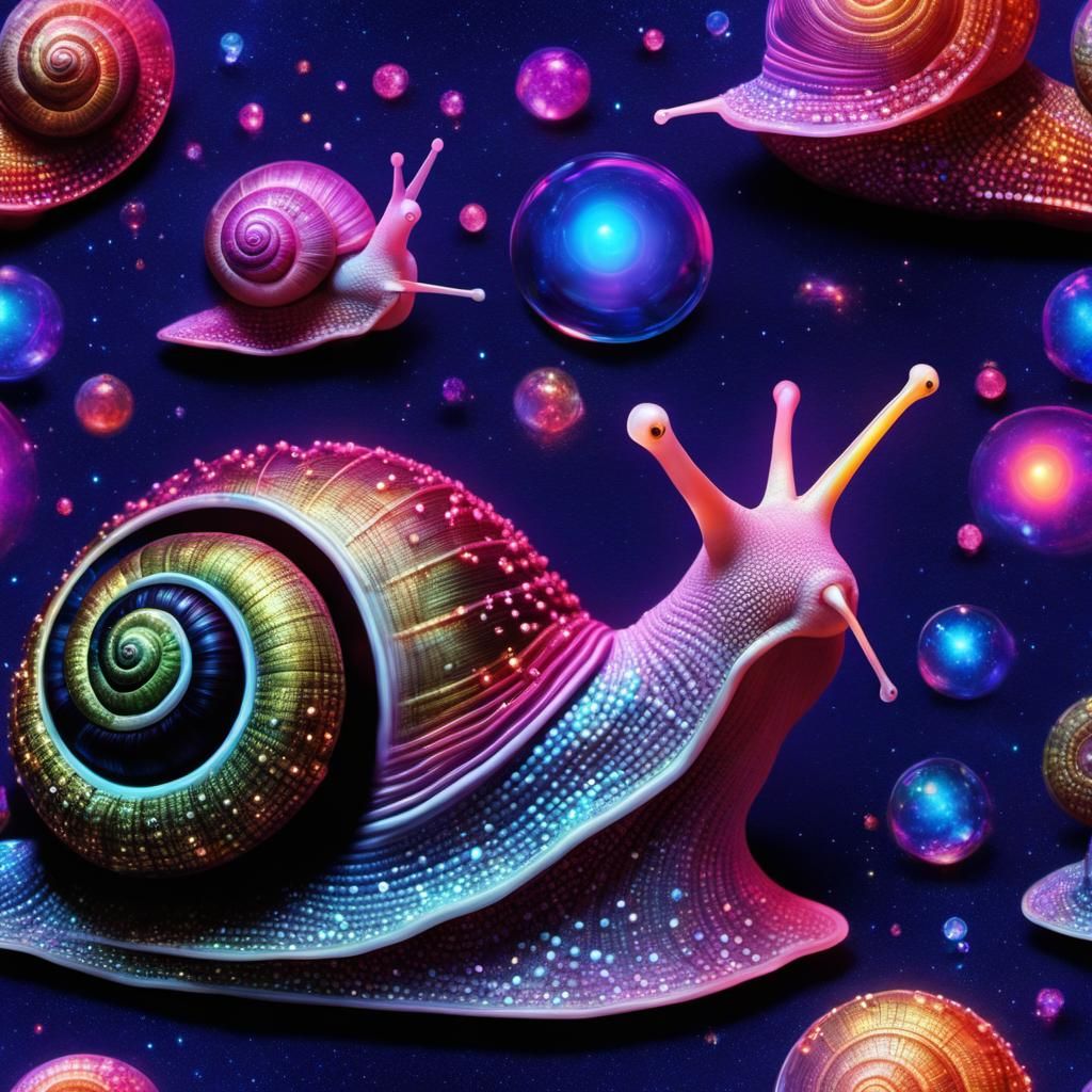 Snail. Shell made of star jewels. Navigating in outer space. Neon art ...
