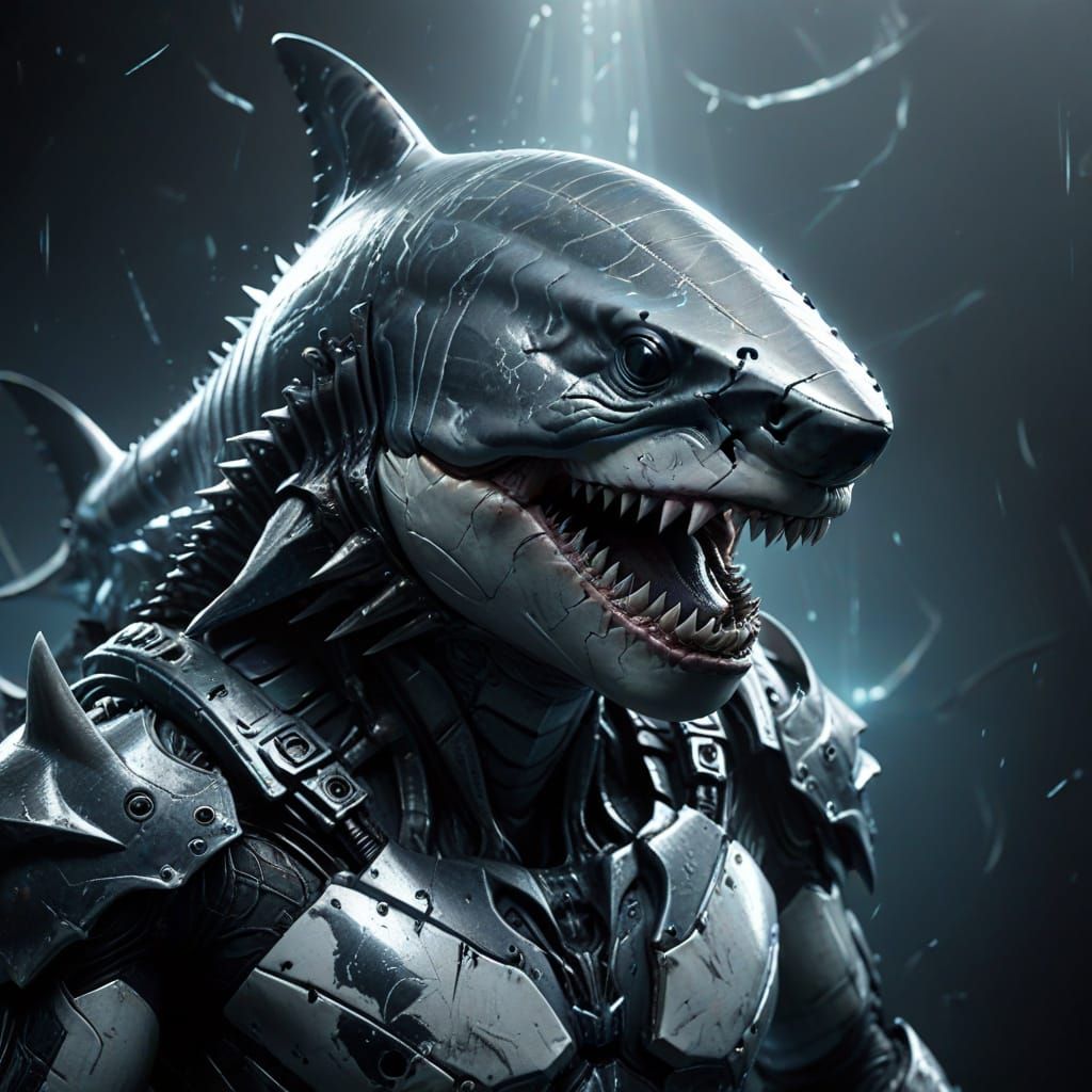 Strong Humanoid Gray White shark in battle armour