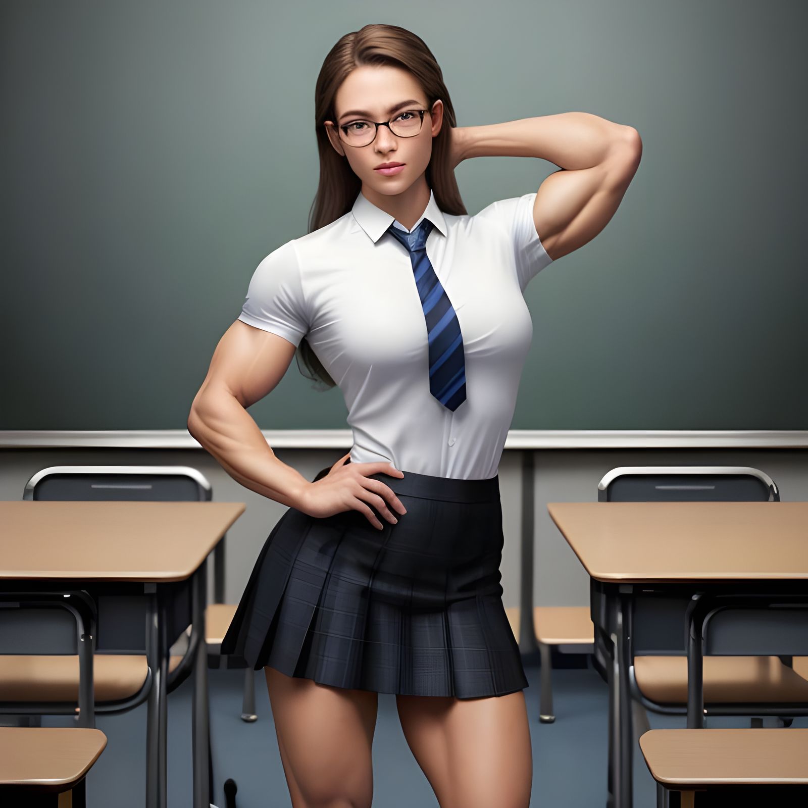 Hyperrealistic picture of the muscular legs, body and head of a nerdy ...
