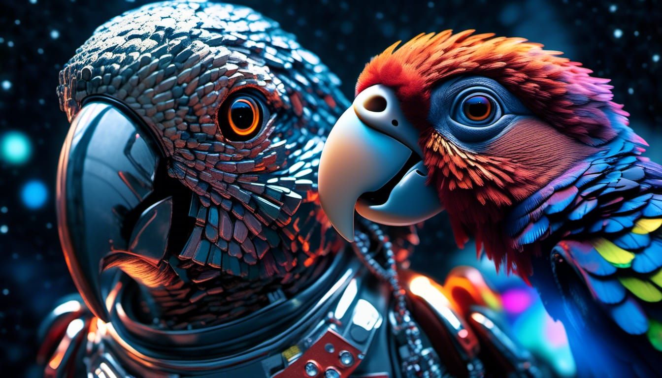 A Magical Glowing Opalescent Chrome Robotic Parrot On an Astronaut ...