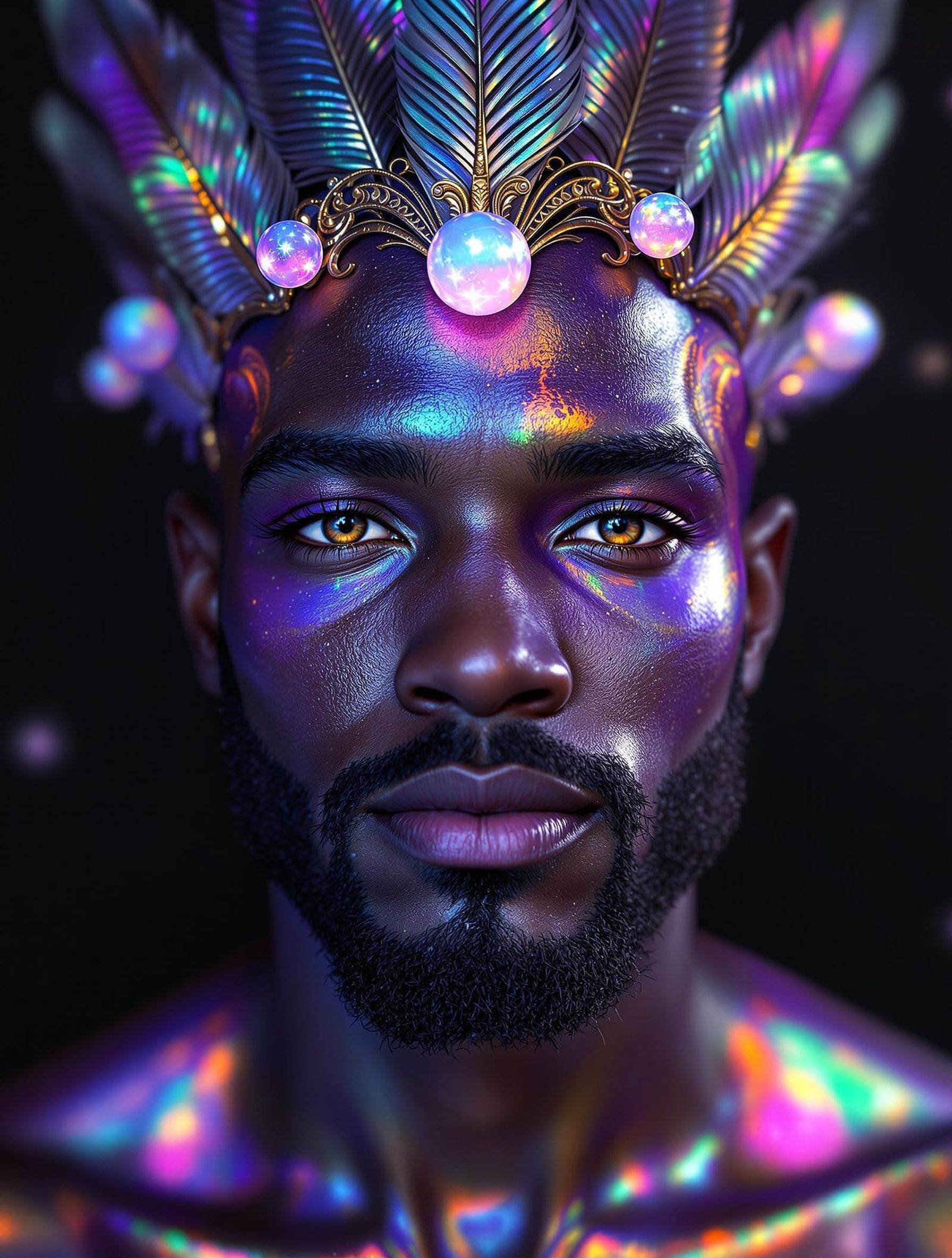 Photorealistic portrait of a man. His beauty is not of this world. Skin ...