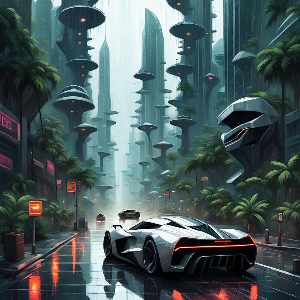 empty street with spacepunk retrofuturistic luxury hypercars driving in ...